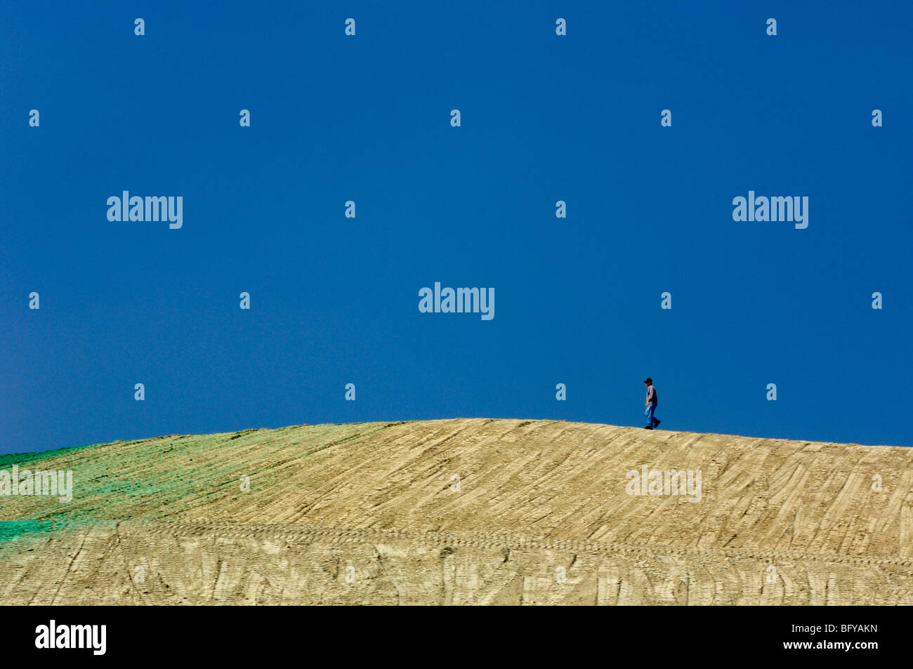 Vale slag pile re-greening project- Human figure walking on revegetated ...