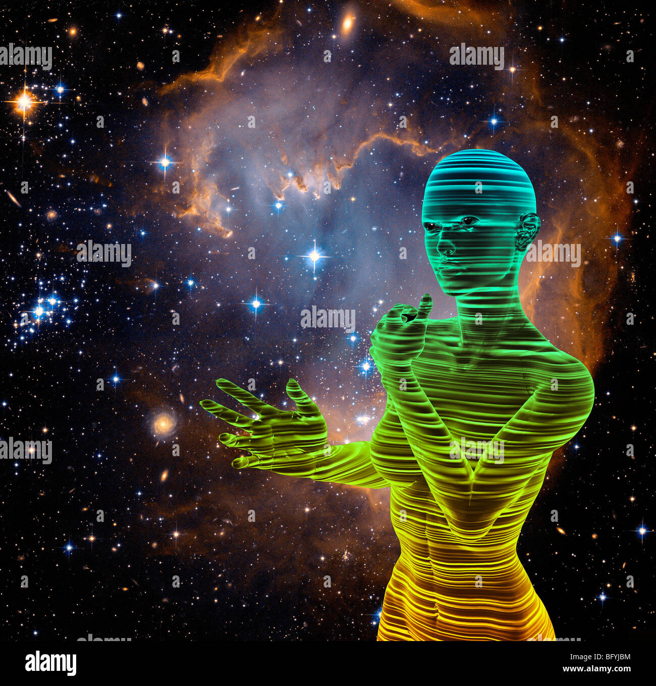 Alien Being with the Cosmos as a Background Stock Photo - Alamy