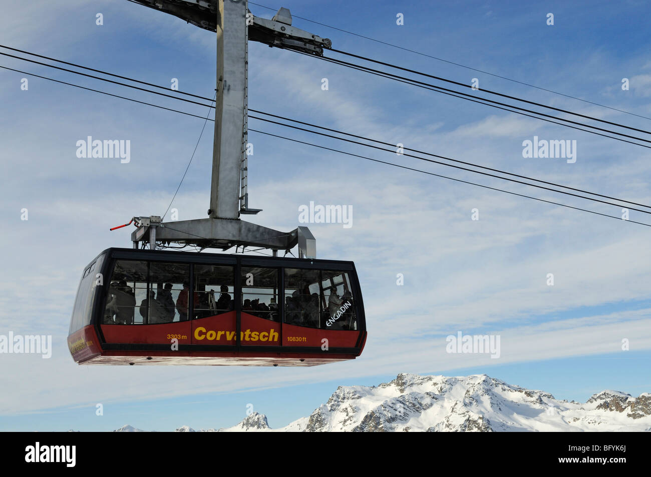 Gondola cable car, Corvatsch ski resort, St. Moritz, canton of Grisons ...