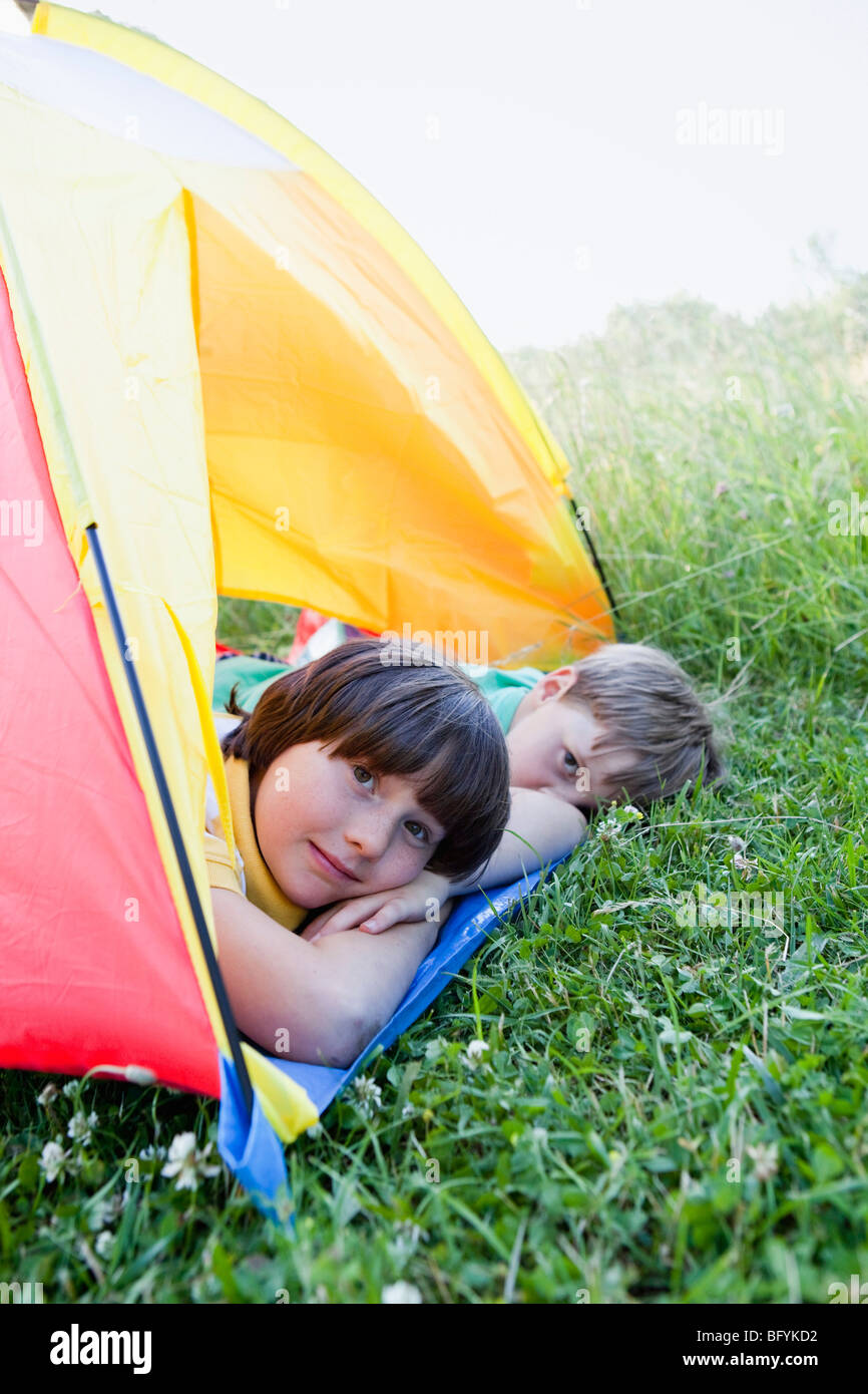 Two Boys In Tent Stock Photo - Alamy
