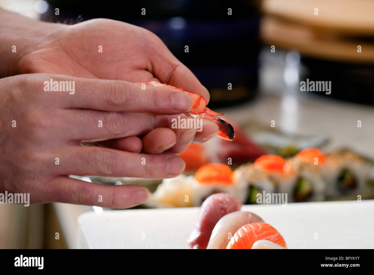 close-up of japanese chef making sushi Stock Photo - Alamy