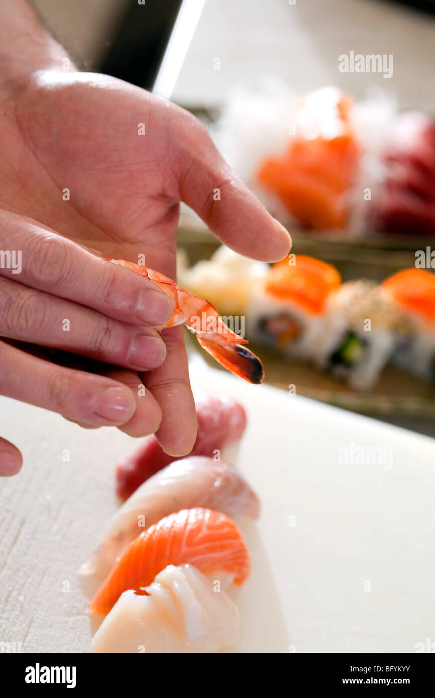 close-up of japanese chef making sushi Stock Photo - Alamy