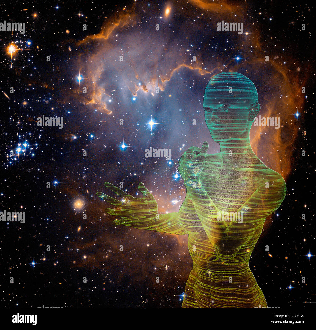 Alien Being with the Cosmos as a Background Stock Photo - Alamy