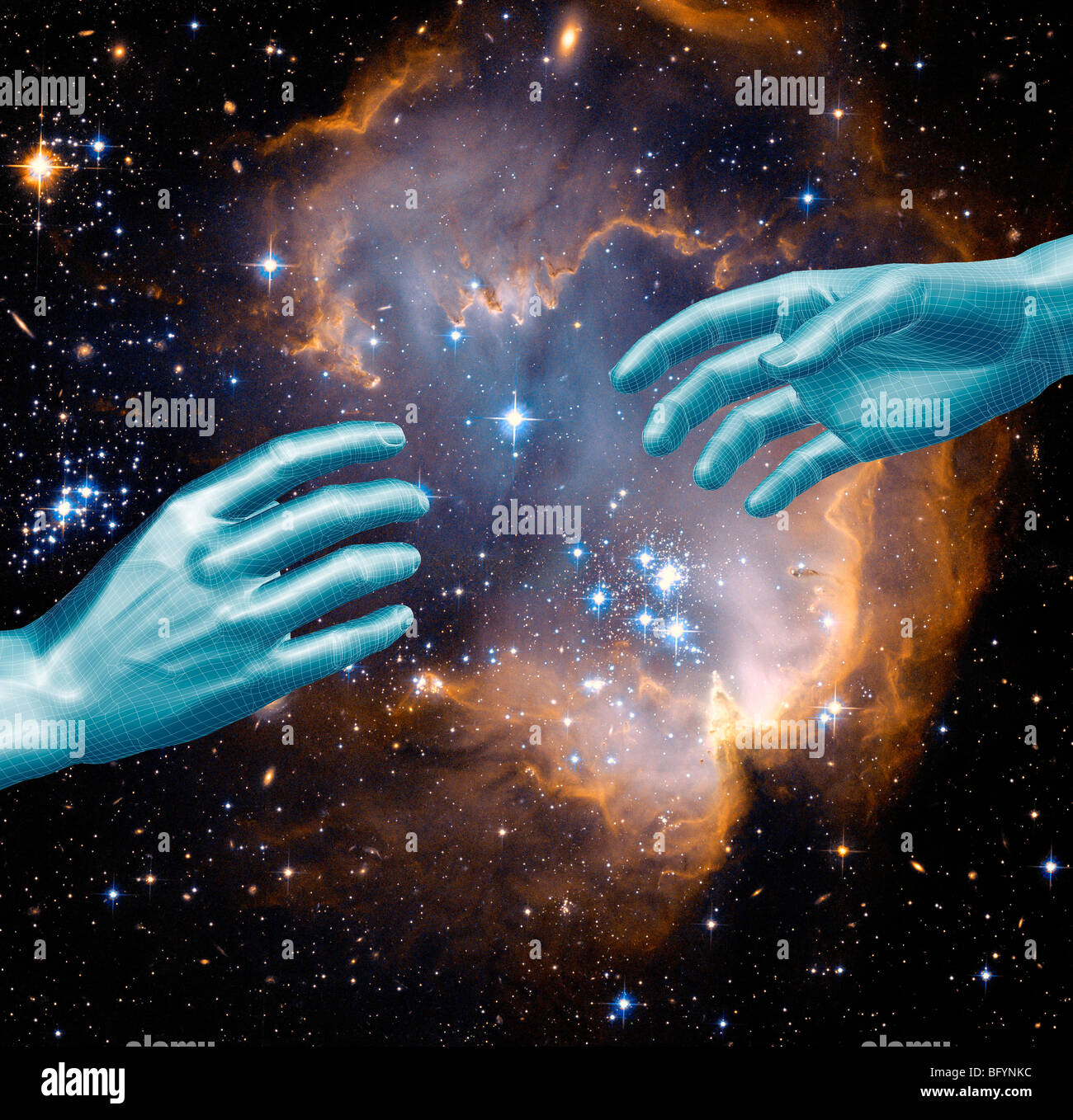Hands Reaching out to touch with a Background of the Cosmos Stock Photo ...