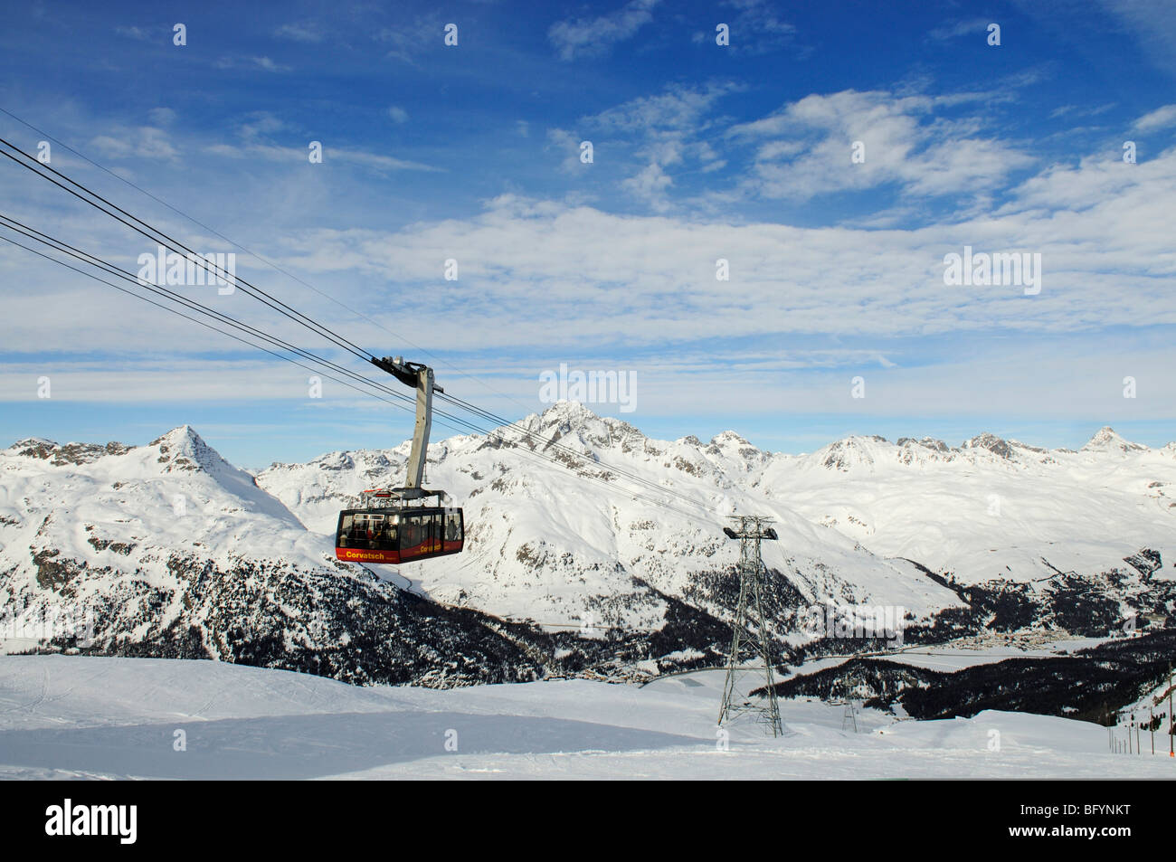 Gondola cable car, Corvatsch ski resort, St. Moritz, canton of Grisons ...