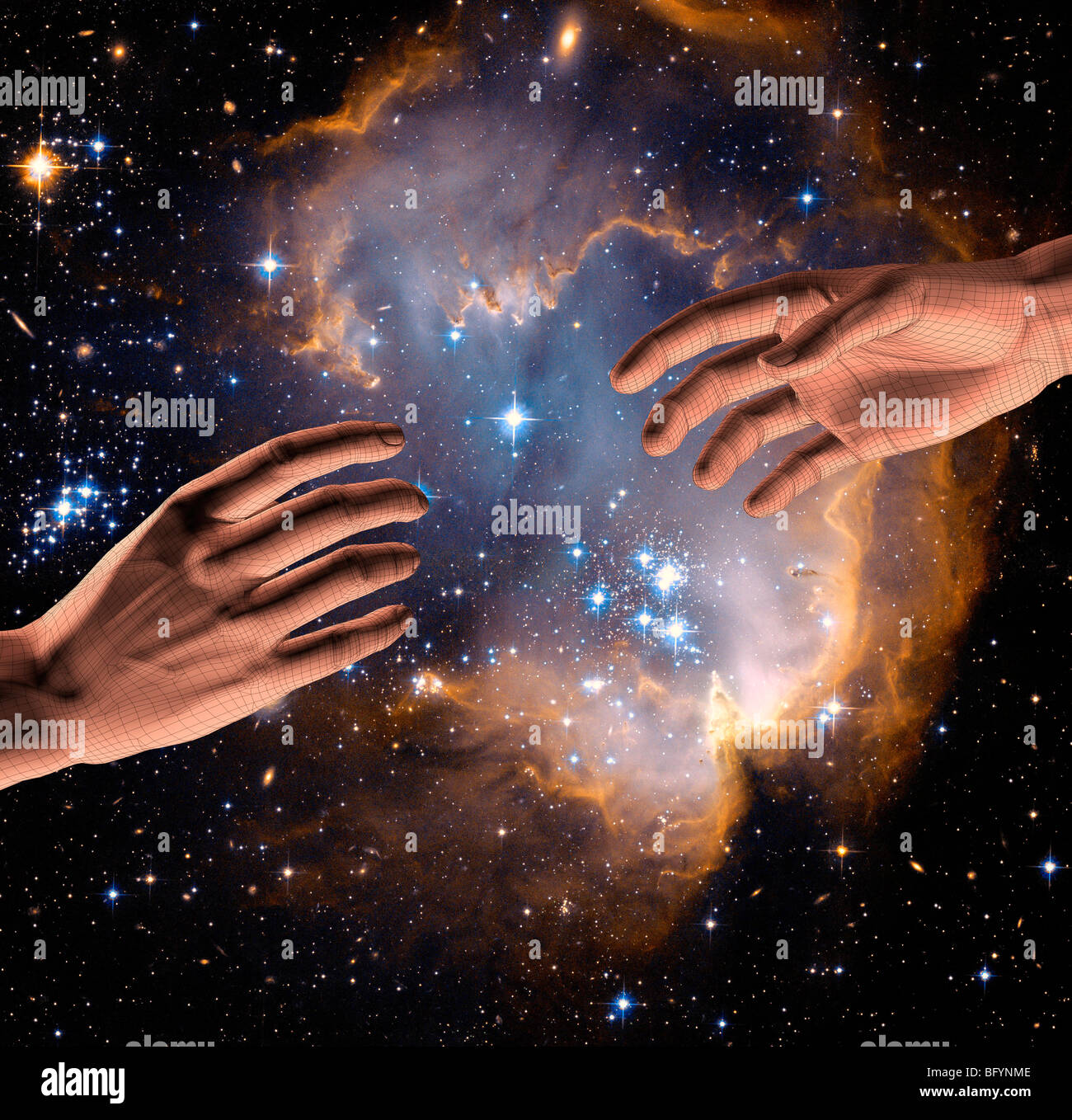 Hands Reaching out to touch with a Background of the Cosmos Stock Photo ...