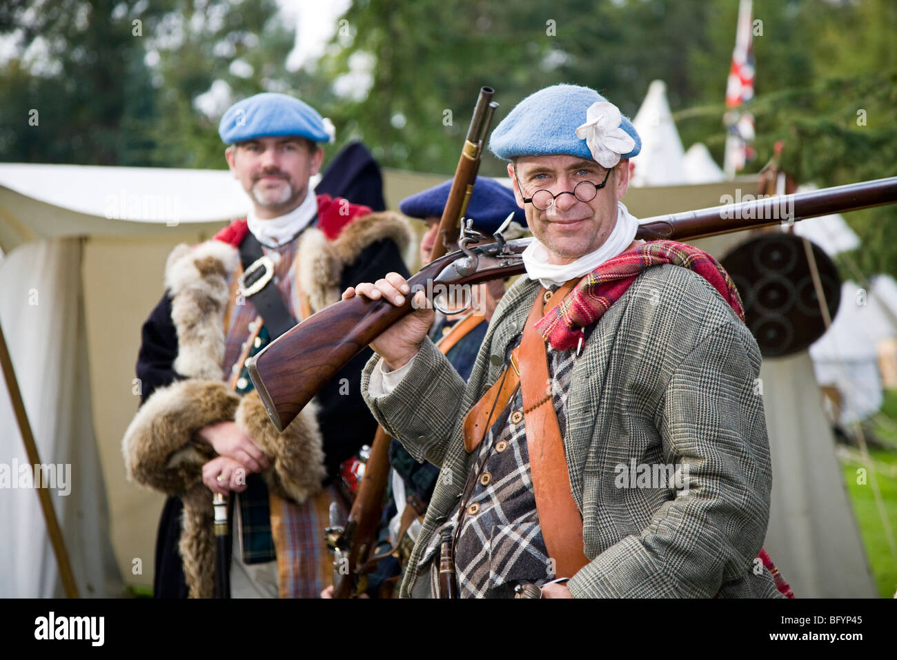 Jacobite fighters in a small camp portrayal of 1745 Jacobite rebellion ...