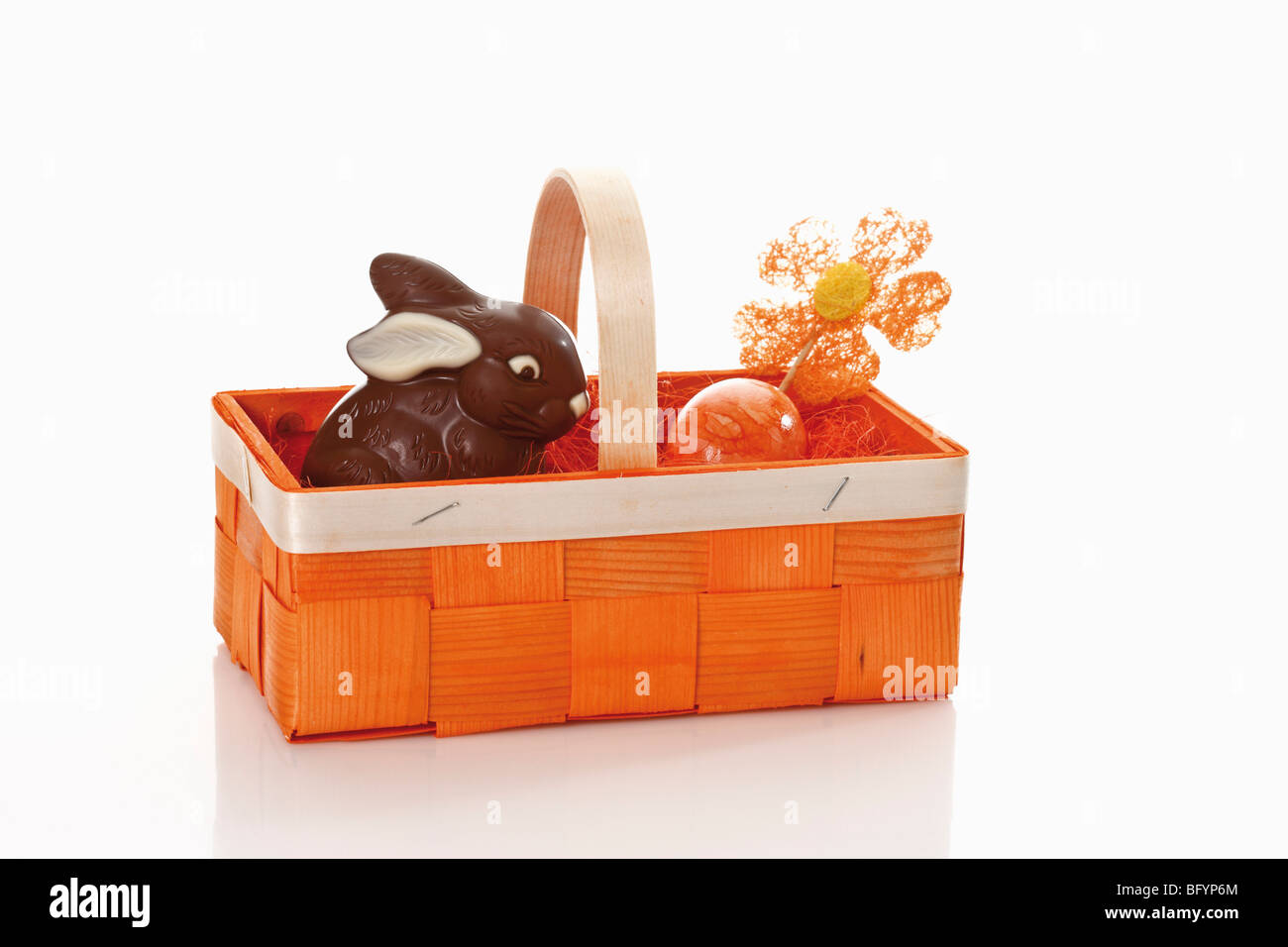 Easter basket with chocolate bunny and colored eggs Stock Photo - Alamy