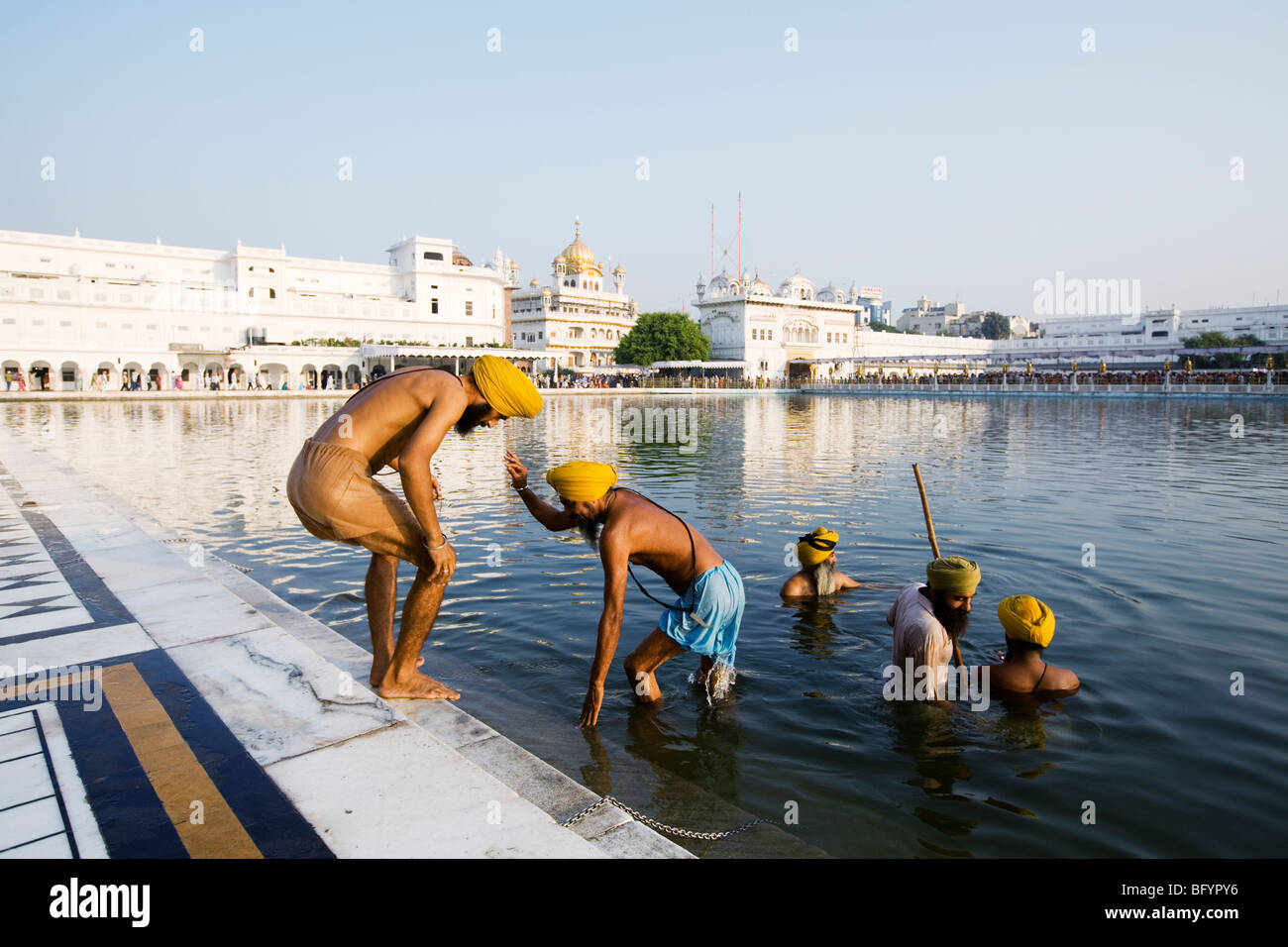 Sikh men taking a religious bath in Golden Temple, Amritsar, India ...