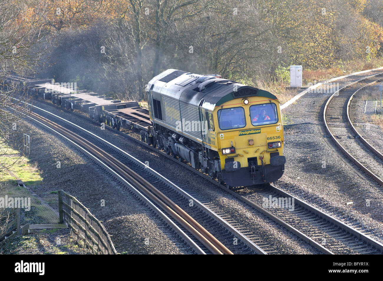 Class 66 diesel locomotive pulling Freightliner train, Warwickshire ...