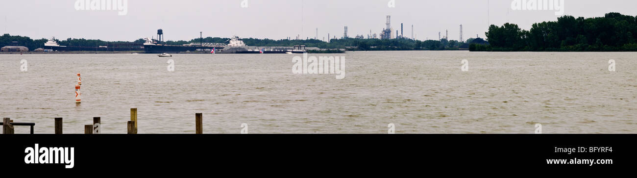 Ships load cargo, recreational boating, power plant, and industry on ...