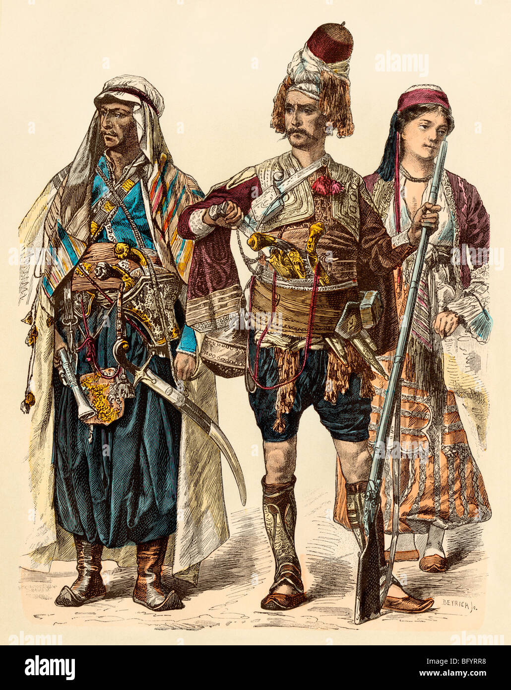 Maronite of Lebanon (left), armed Zeibek, and Christian Lebanese woman ...