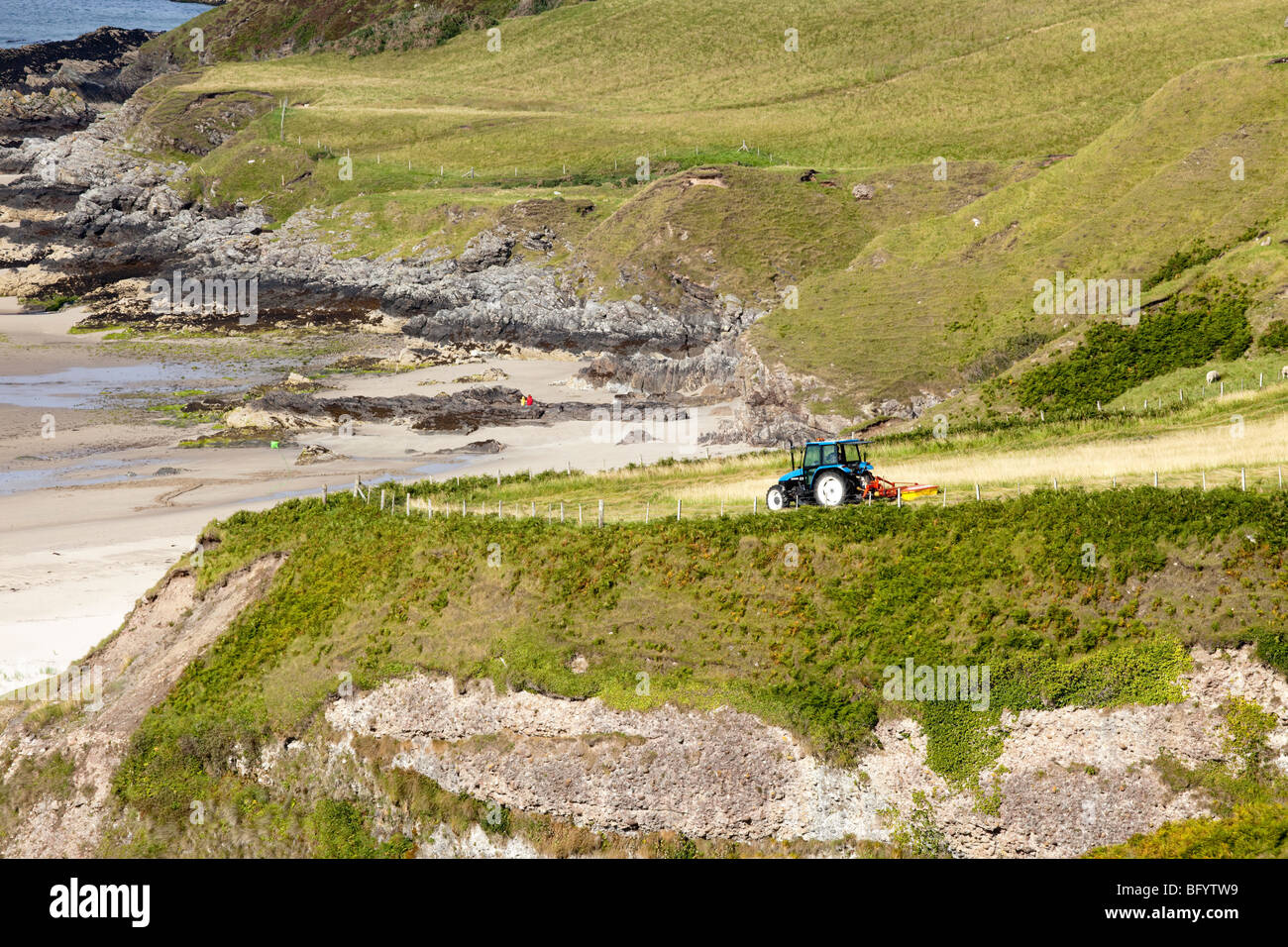 A tractor cutting hay on a clifftop field at Coldbackie, Highland ...