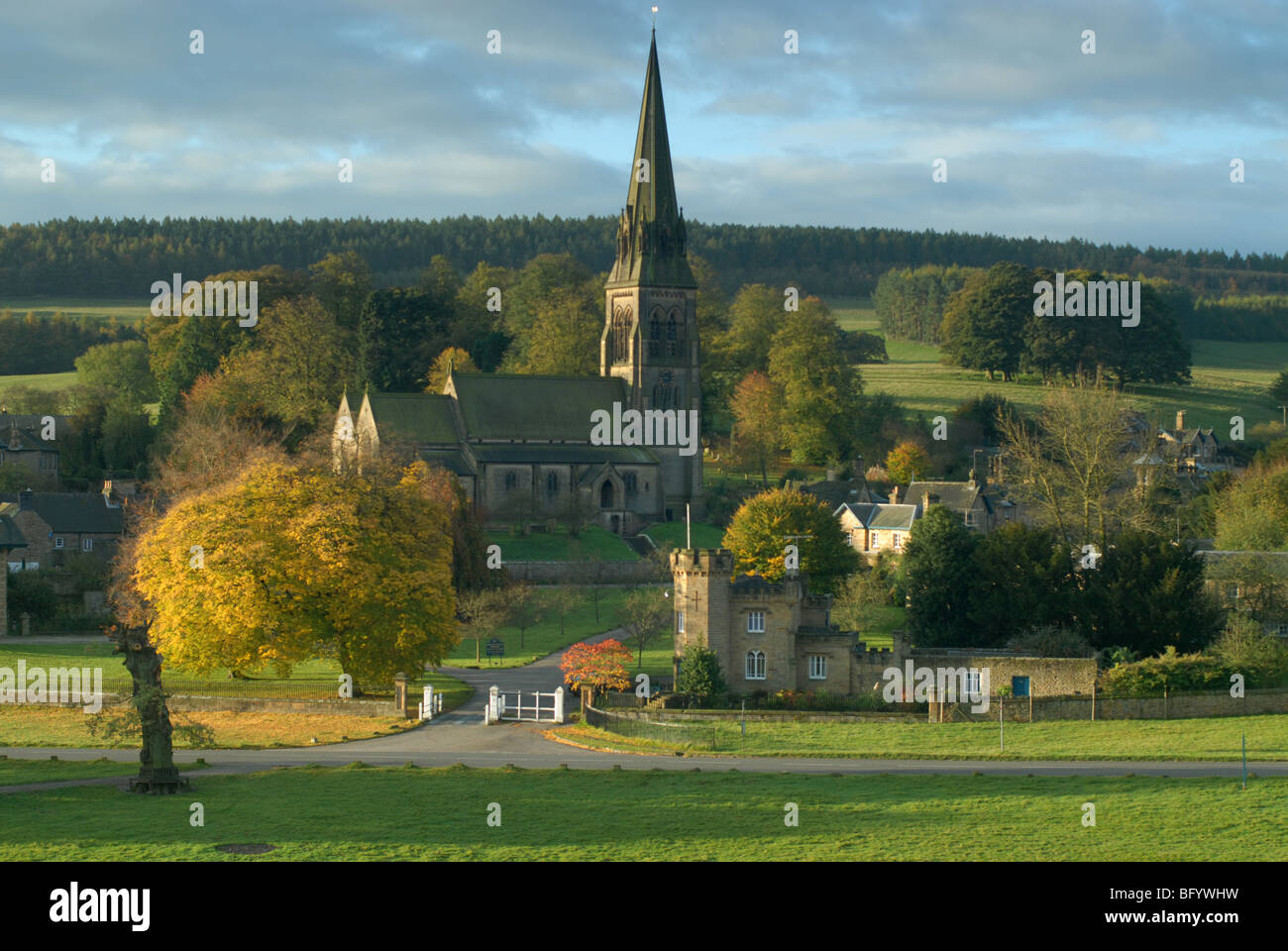 St Peters Church Edensor village on the Chatsworth estate Derbyshire ...