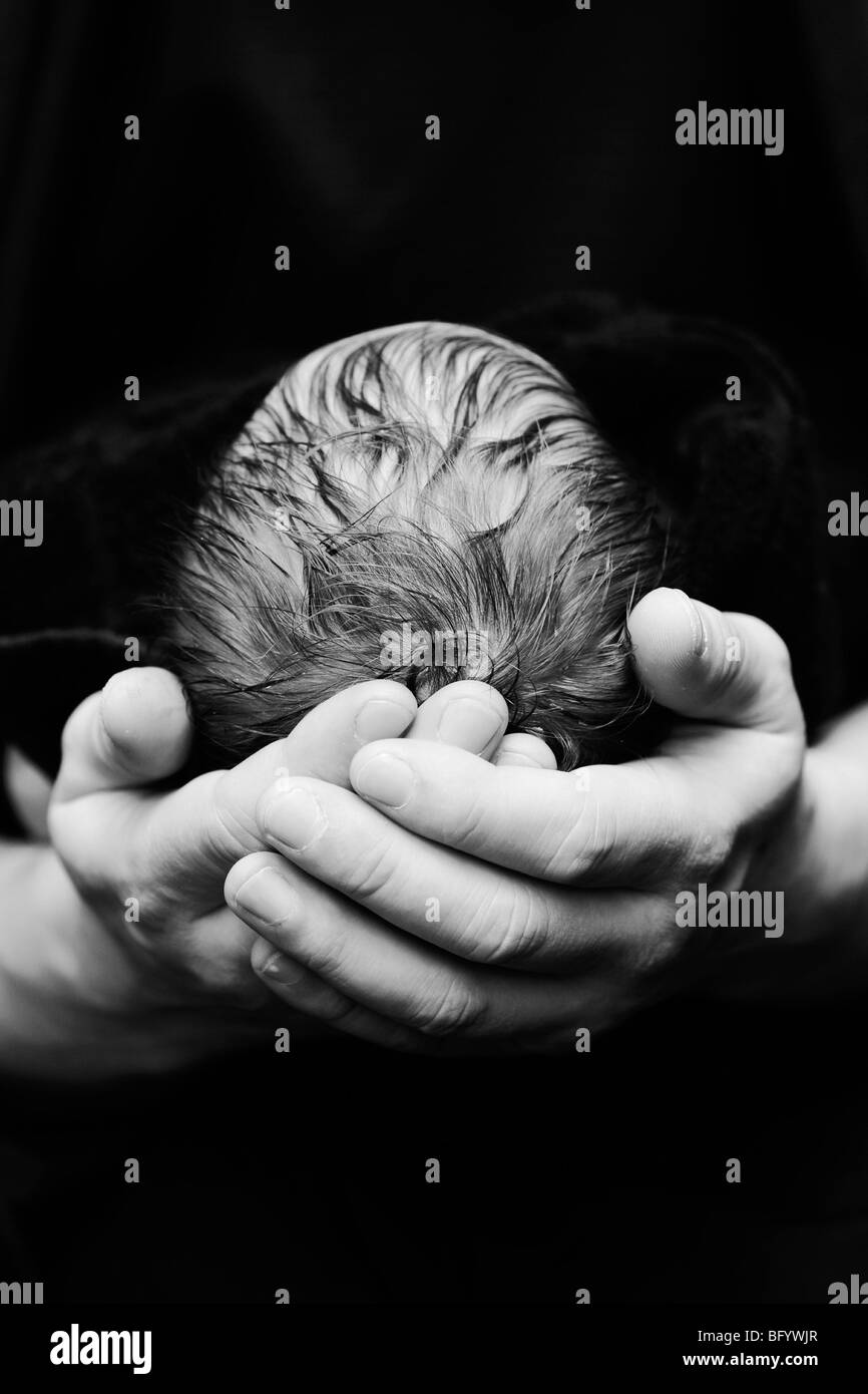 A black and white photograph of a newborn Caucasian baby's head being ...