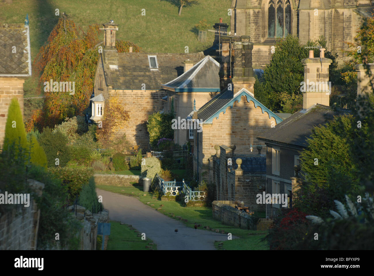 St Peters church from the top of Edensor Village Chatsworth Estate Peak ...