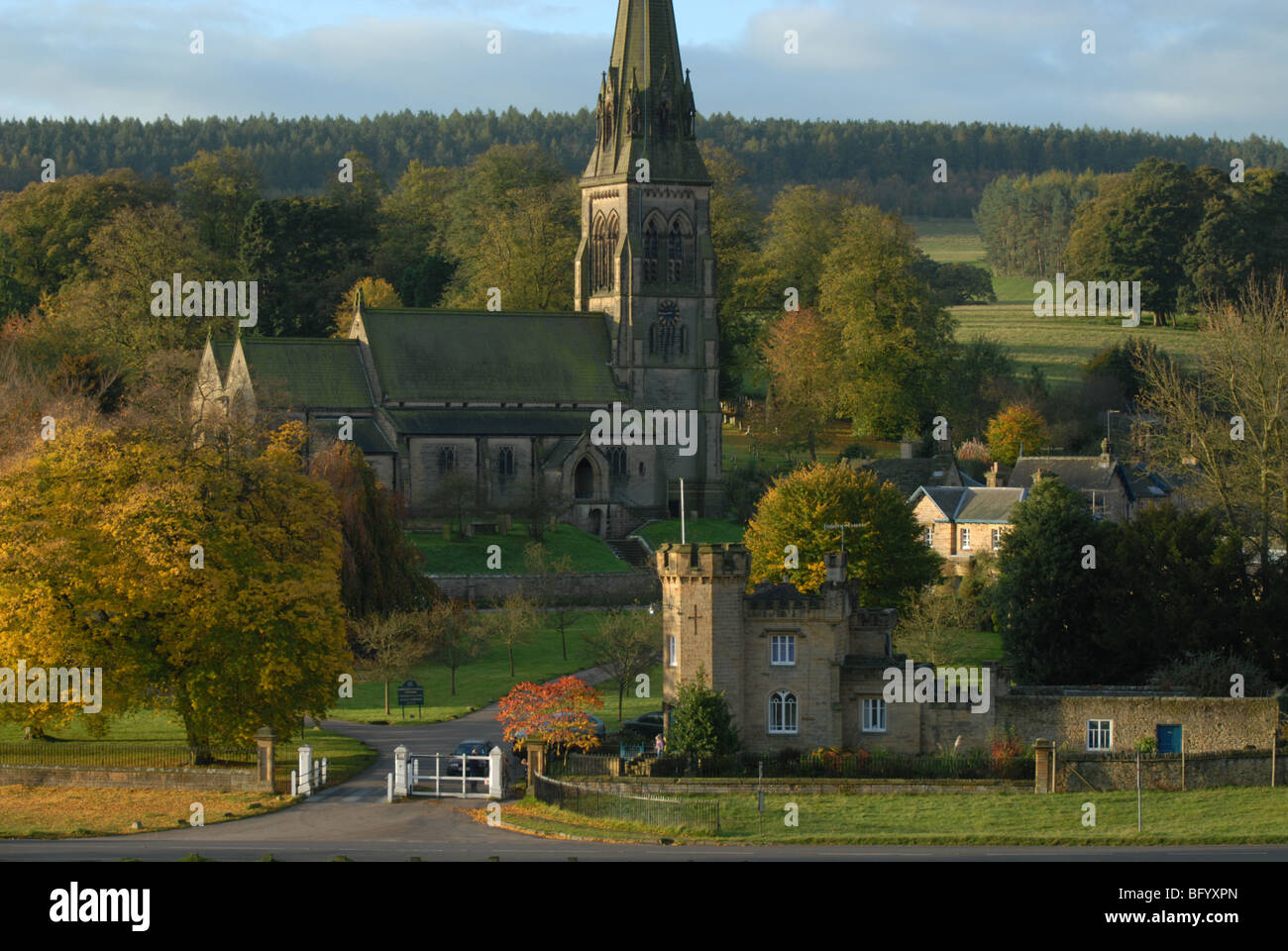 St Peters Church Edensor village on the Chatsworth estate Derbyshire ...