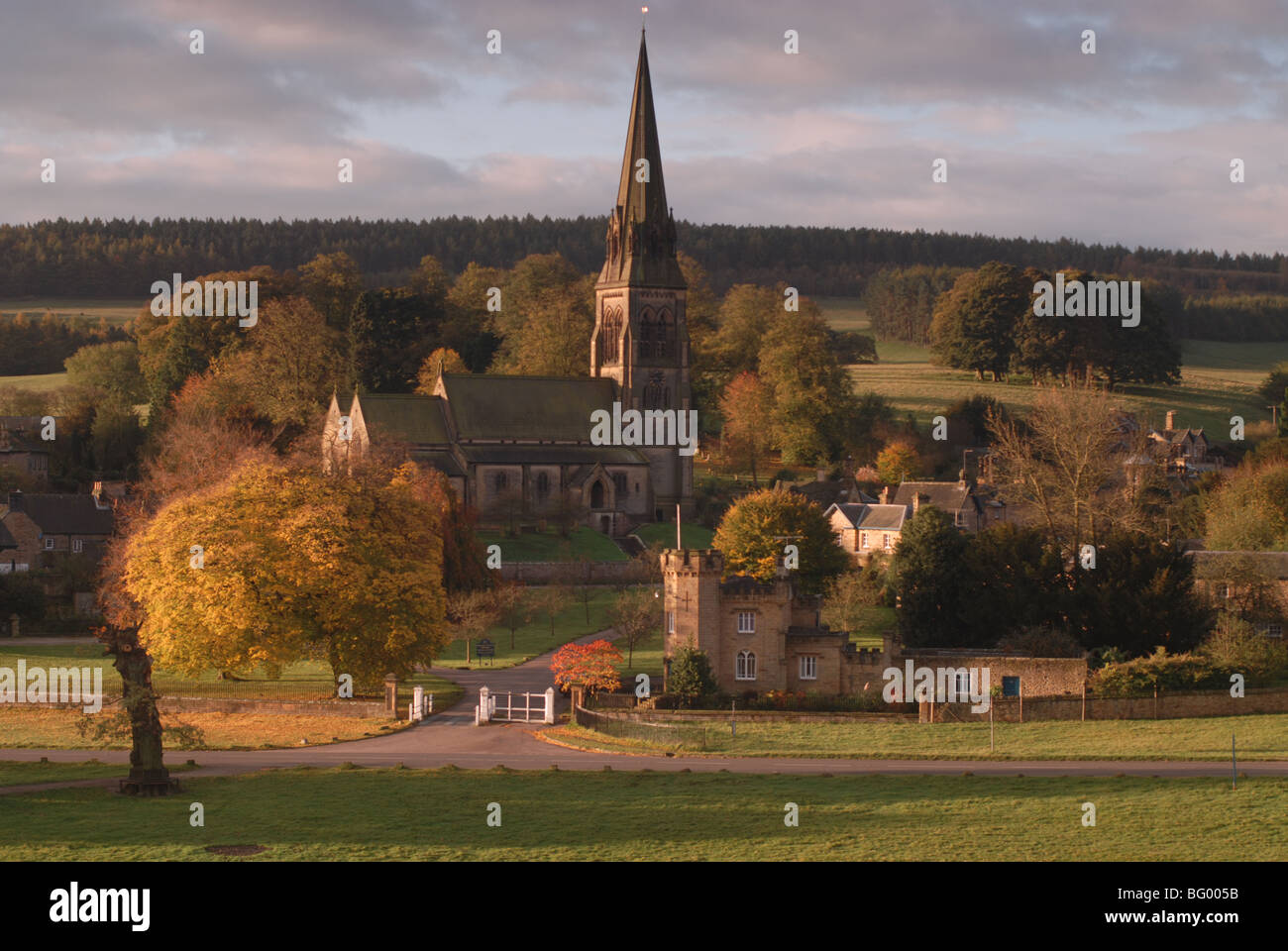 St Peters Church Edensor village on the Chatsworth estate Derbyshire ...