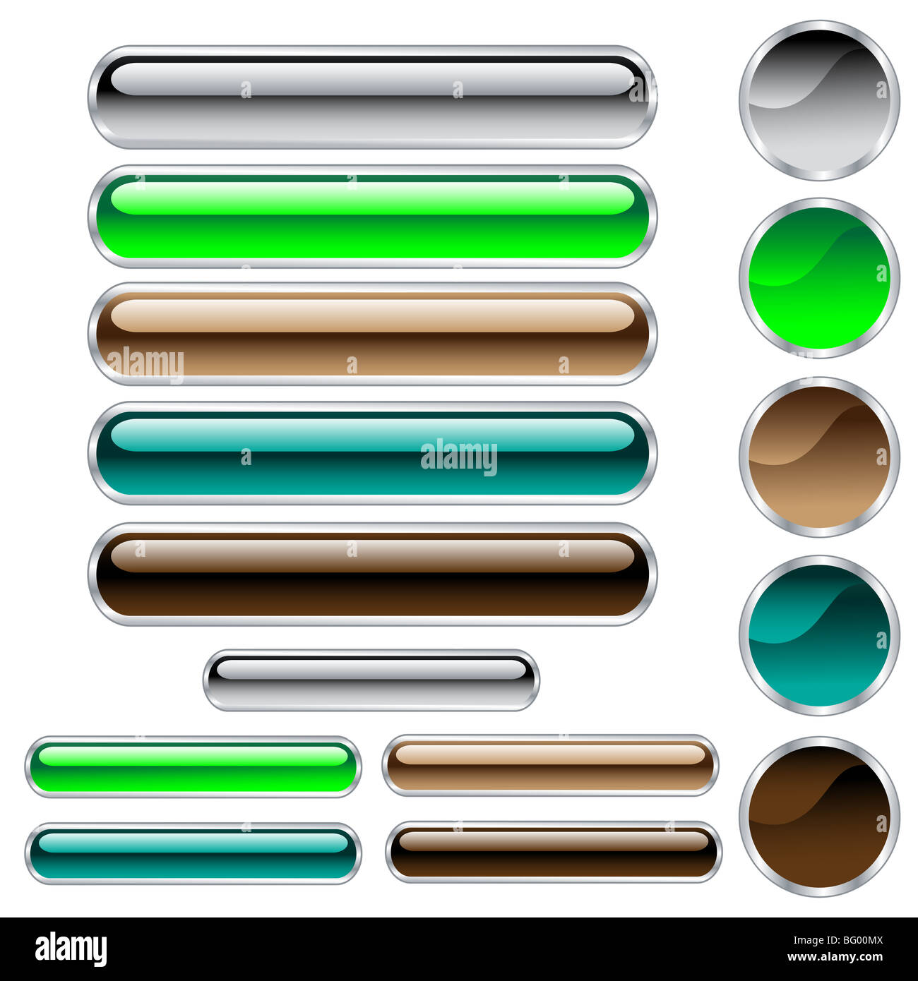 Glossy web buttons in assorted colors, shapes and sizes with metallic ...