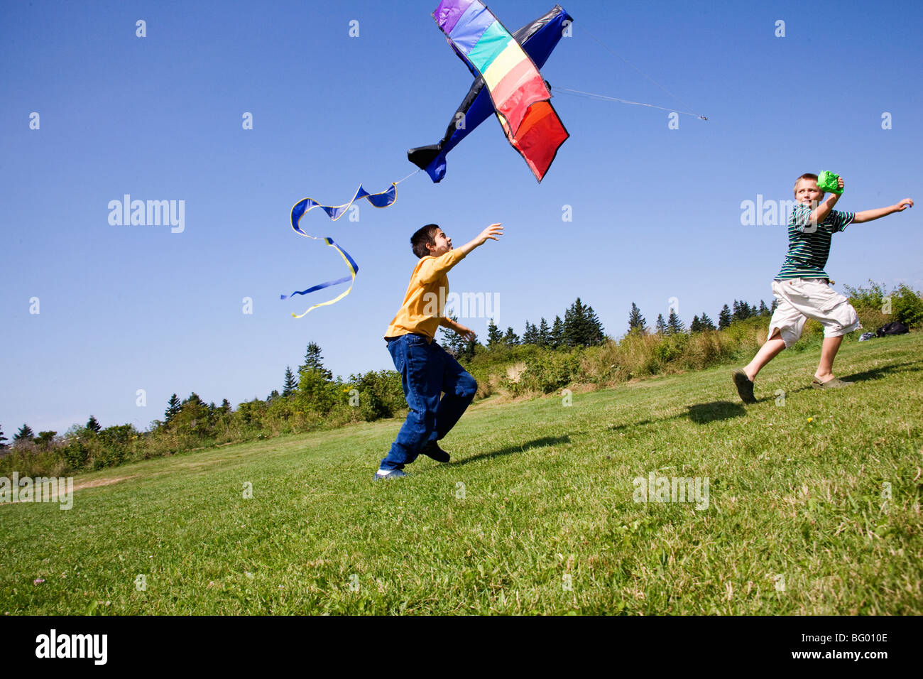Two boys flying kite together Stock Photo - Alamy