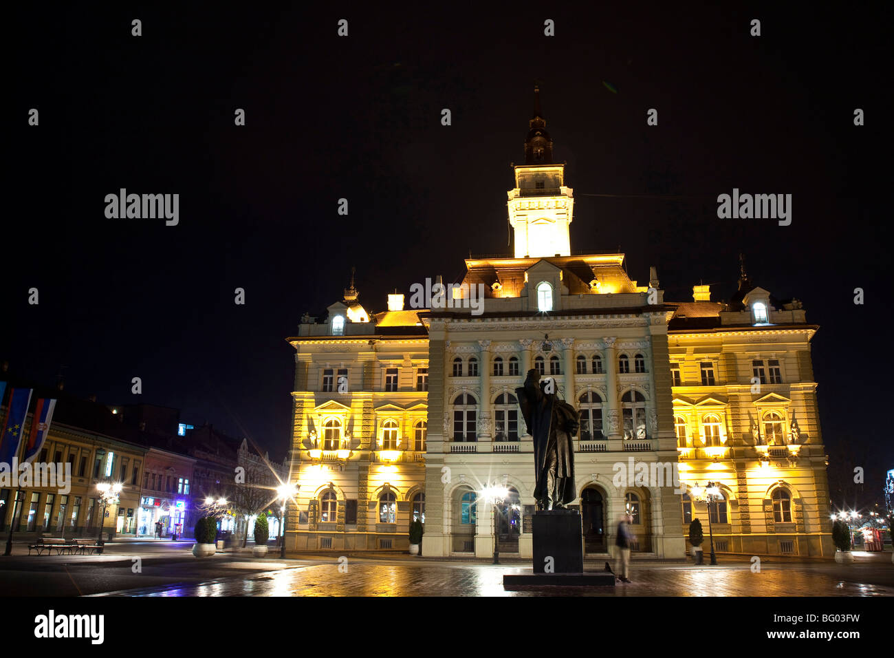 Novi Sad, City Hall and town square by night Stock Photo - Alamy