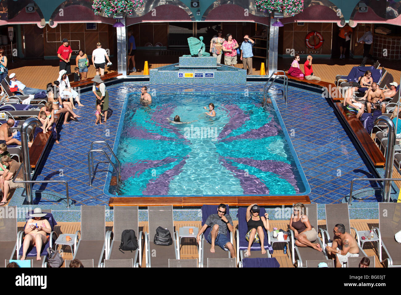 Cruise ship main deck swimming pool with family. Passengers on vacation ...