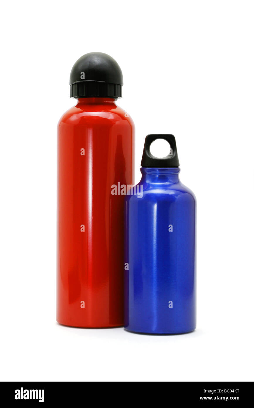 Red and blue metallic bottles on white background Stock Photo - Alamy