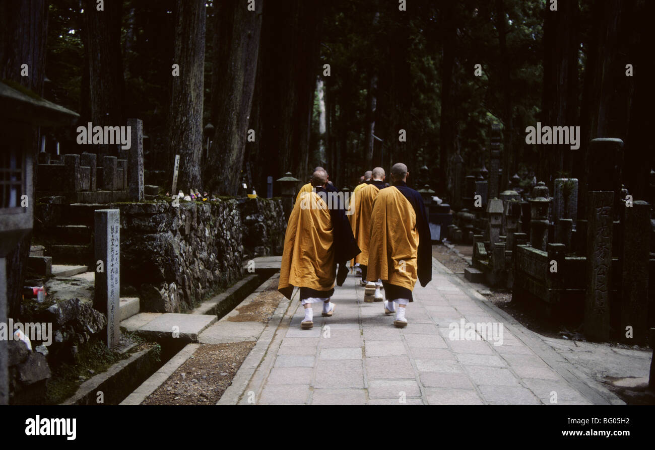 A group of Shingon Buddhist monks walk a path among the graves in the ...