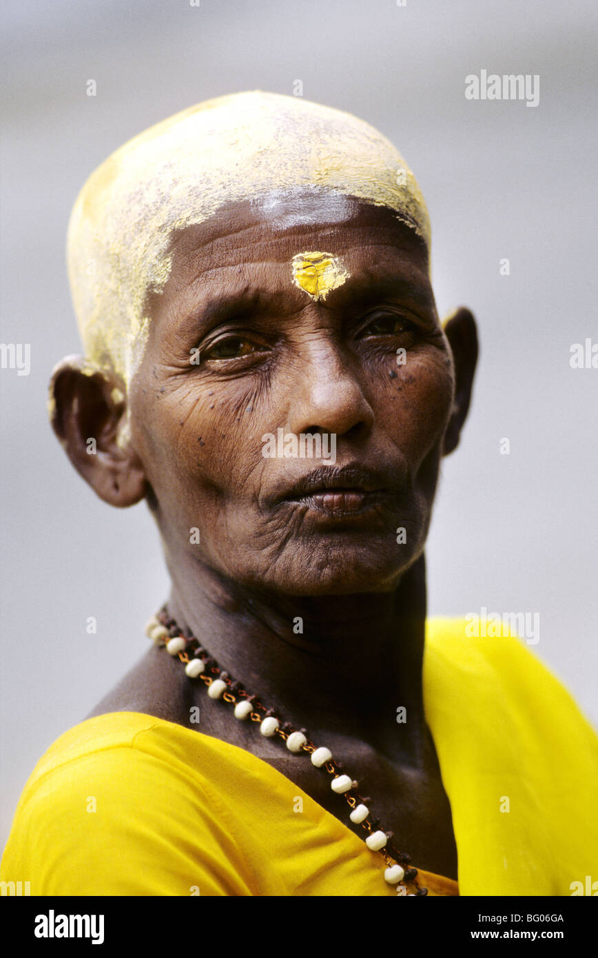 Portrait of a woman pilgram attending the annual Hindu Thaipusam ...