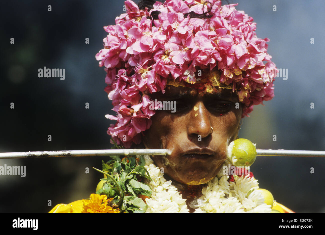 A Hindu pilgrim in a trance has had a spear inserted through her cheeks ...