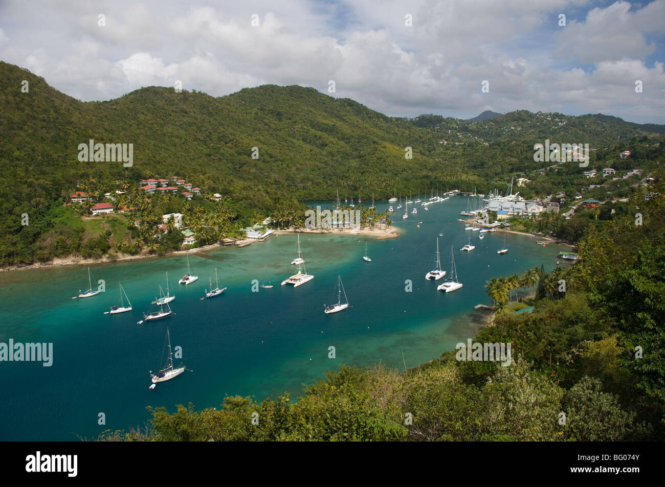 An aerial view of Marigot Bay on the east coast of St. Lucia, Windward ...