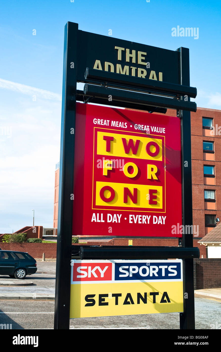 Catering promotion sign: Two for the price of one Stock Photo - Alamy