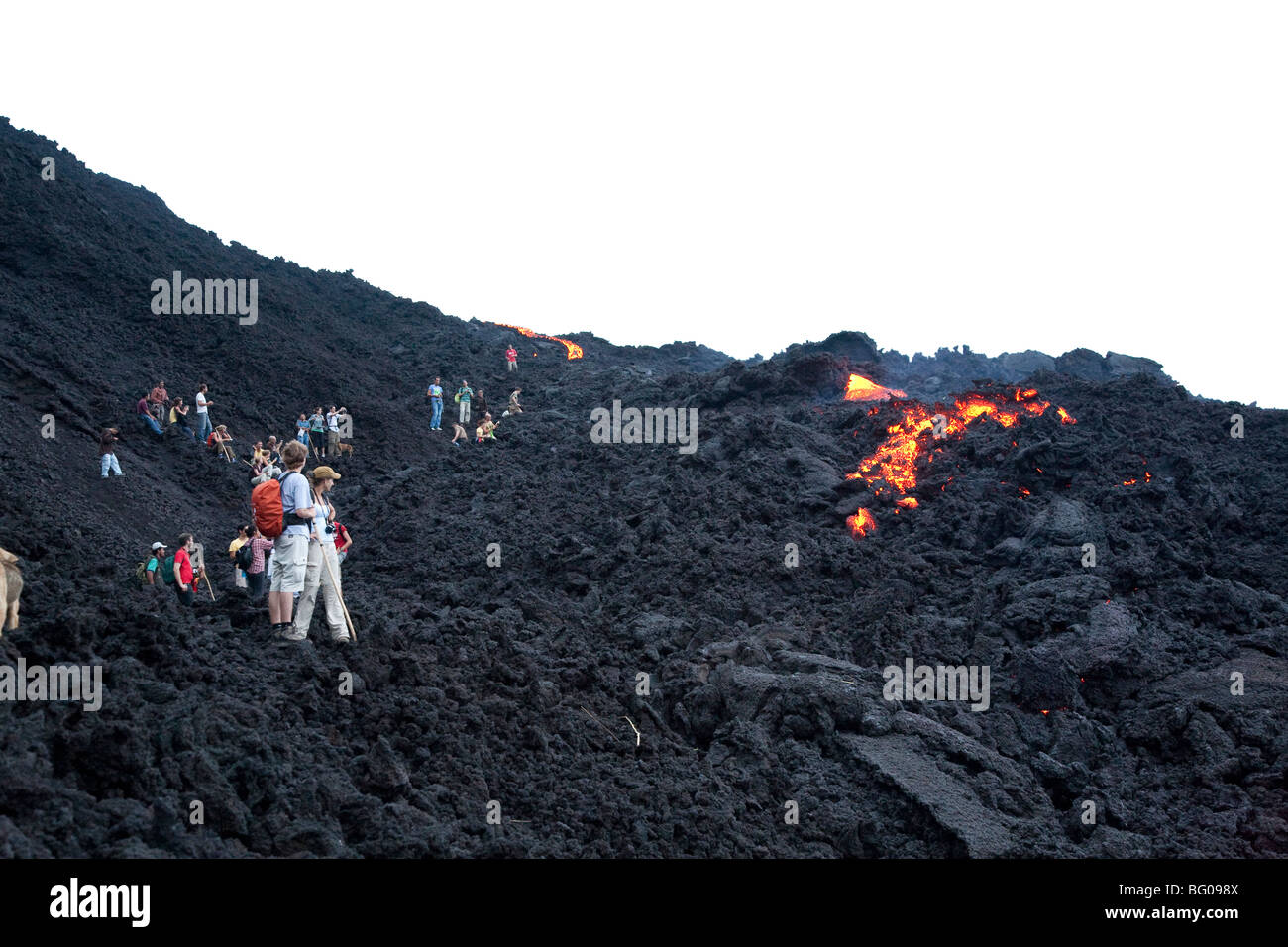 Flowing Lava and Tourists towards the Pacaya Volcano Peak. Volcan ...