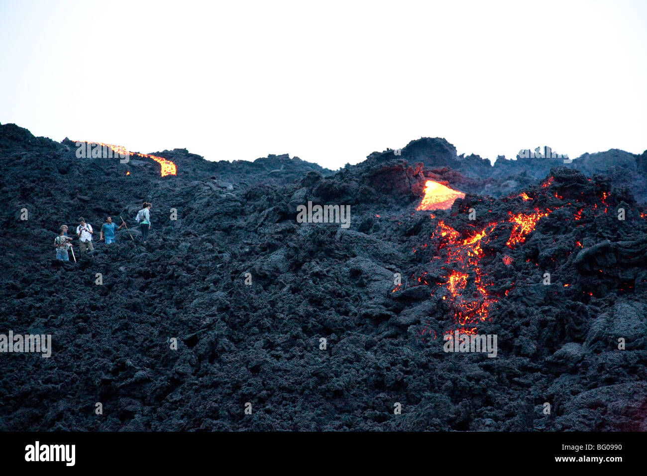 Flowing Lava and Tourists towards the Pacaya Volcano Peak. Volcan ...