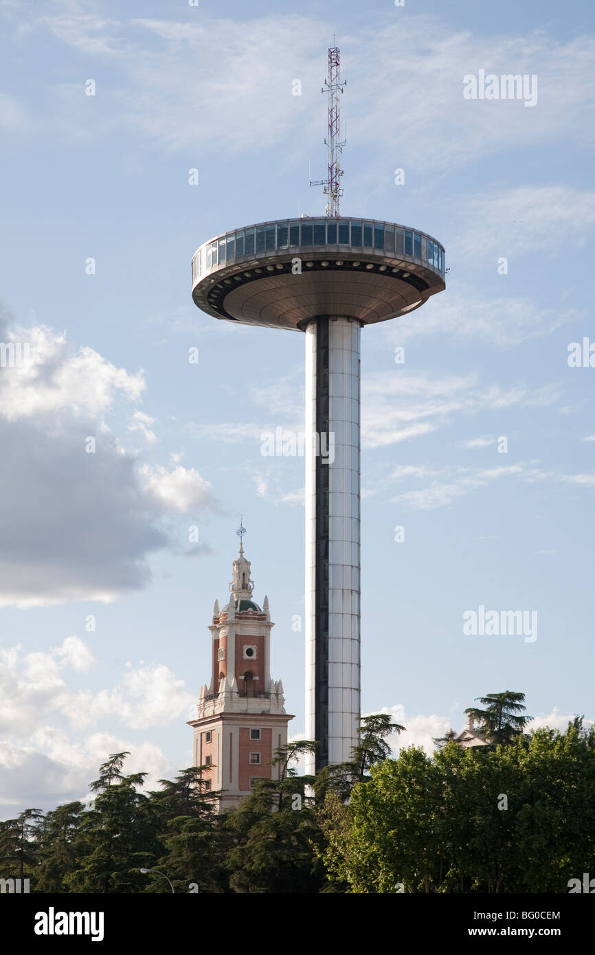 Low angle view of a Museo de America tower, Faro De Moncloa, Madrid ...