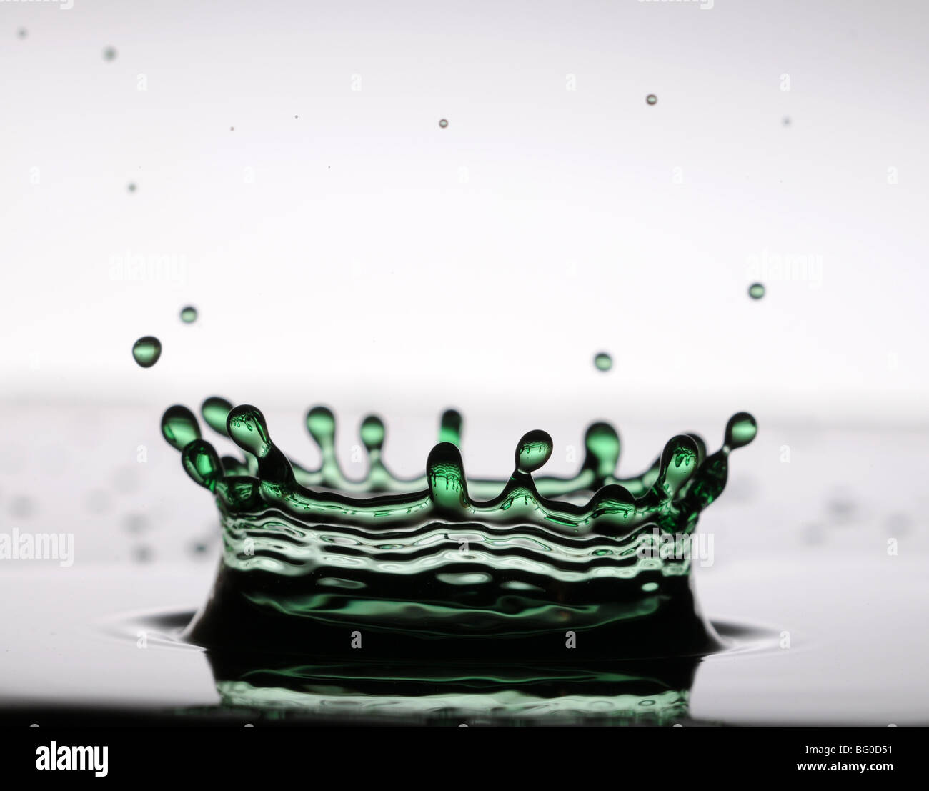 A drop of green water forming a coronet as it splashes into a shallow ...