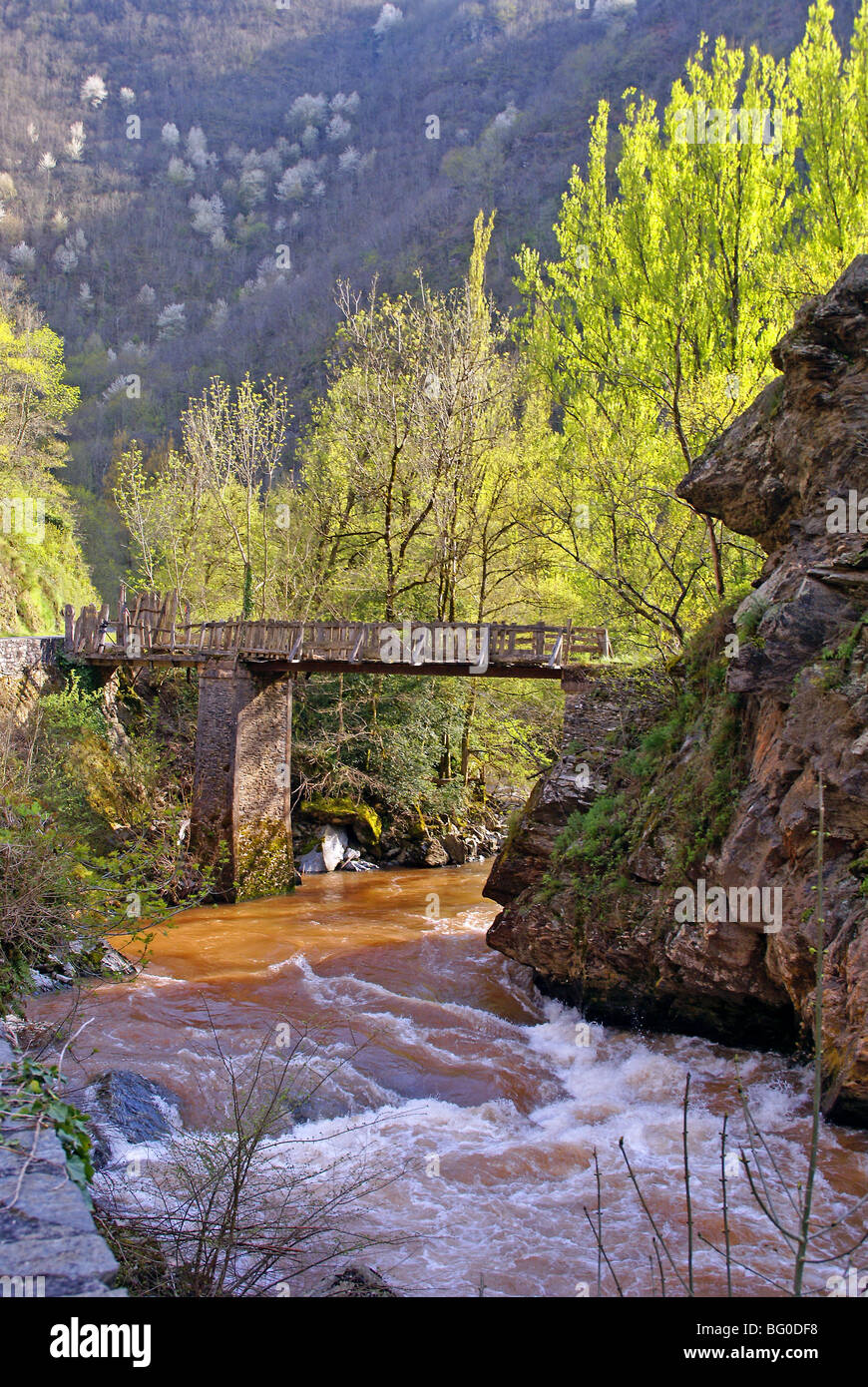 A rickety wooden bridge over the Dourdou Gorge in Aveyron, France Stock ...