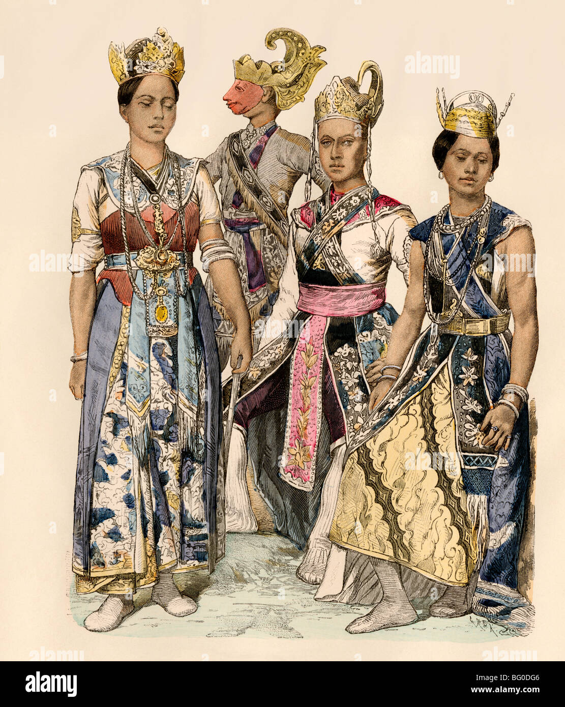 Performers of Java in traditional costumes. Hand-colored print Stock ...