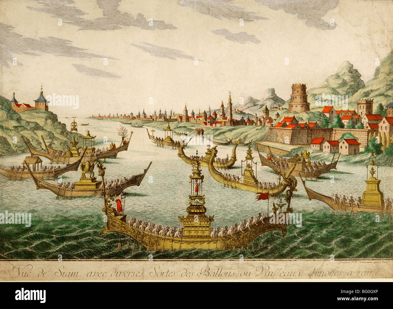 Old engraving of view of the royal barges in Ayutthaya, 17th century ...