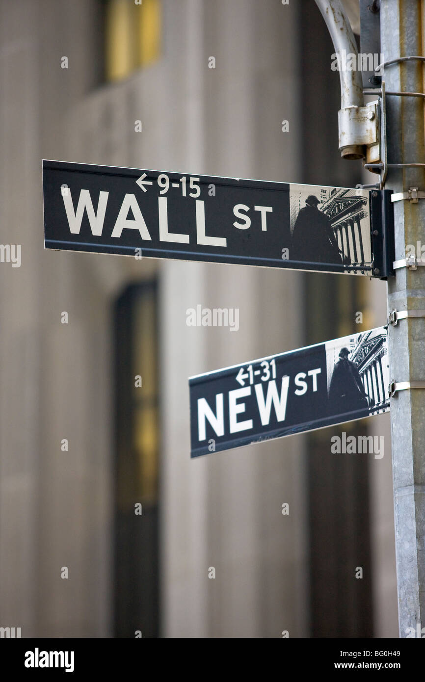 A street sign indicating Wall Street in the financial district of New ...