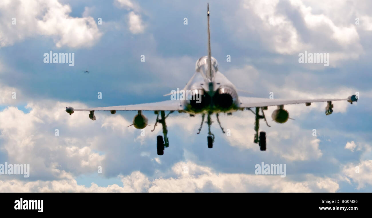 The back of a Typhoon fighter with the hot exhaust gasses distorting ...