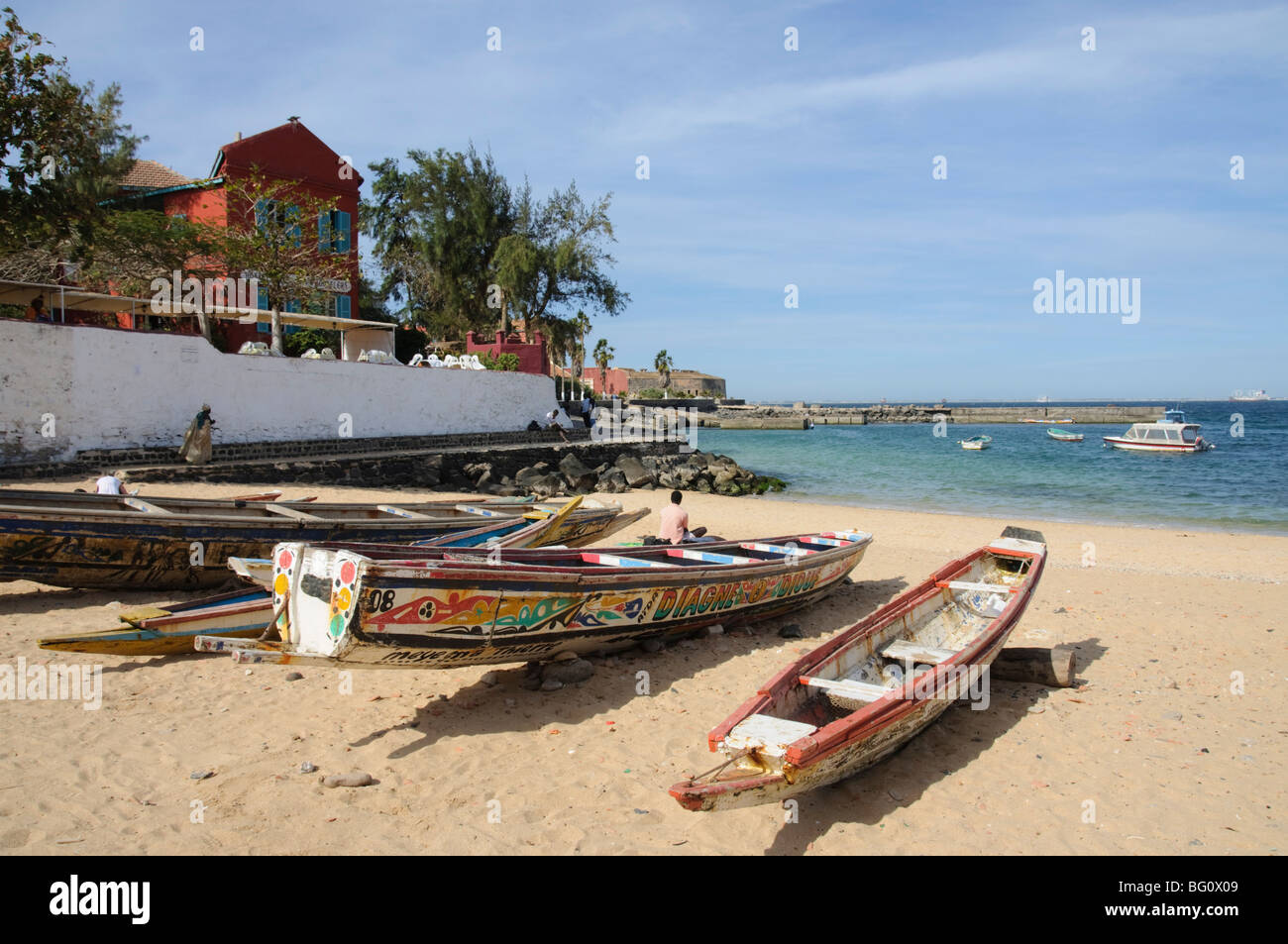 Pirogues (fishing boats) on beach, Goree Island, near Dakar, Senegal ...