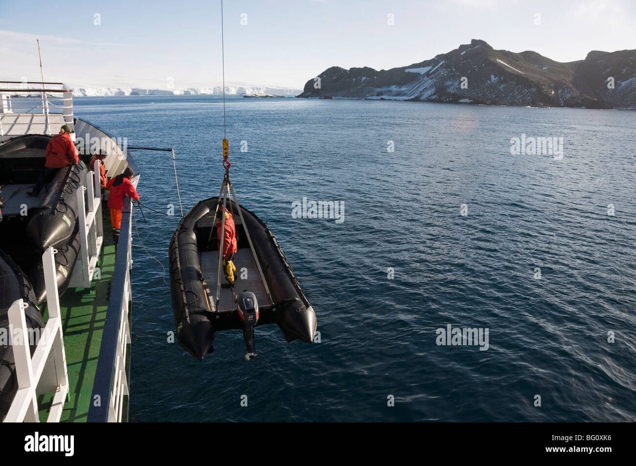 Unloading zodiac for landing on Gourdin Island, Antarctic Peninsula ...