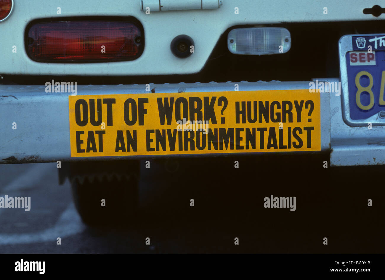 Bumper sticker, the environment, unemployment Stock Photo - Alamy