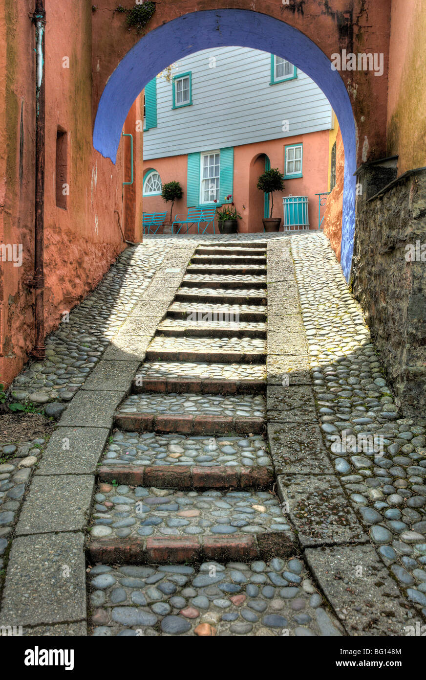 Arch steps and steep path Portmeirion, North Wales Stock Photo - Alamy