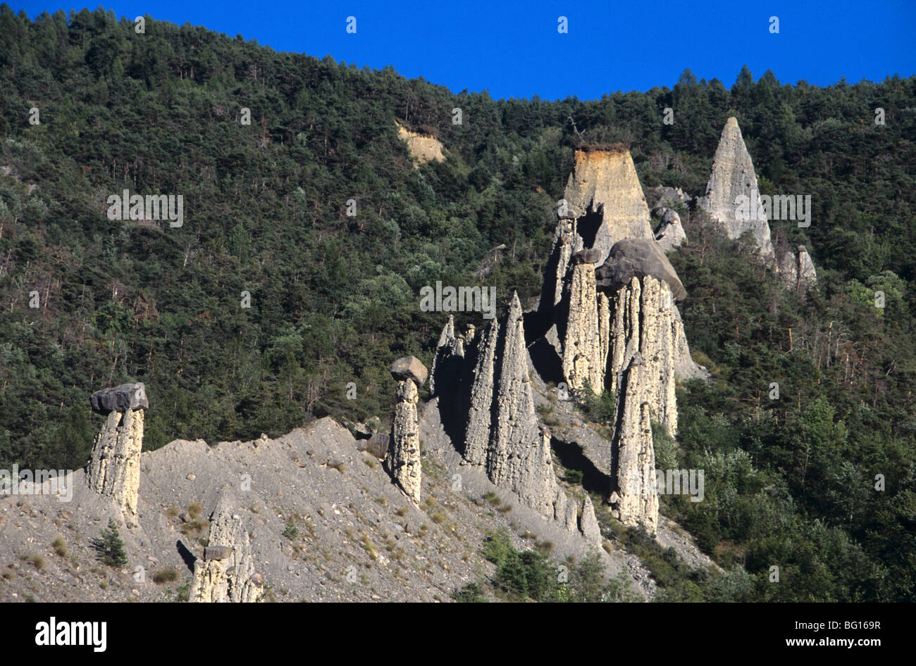 Hoodoo Formations (Demoiselles coiffées) or Fairy Chimneys Geological Formations, Pontis, Alpes ...