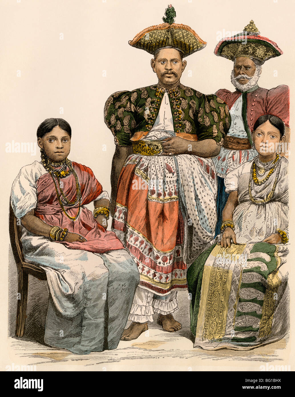 Well-to-do people of Ceylon (Sri Lanka), 1800s. Hand-colored print ...