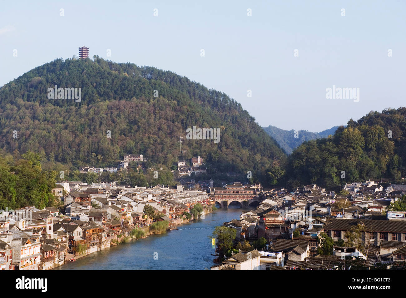 Hilltop pavilion overlooking the riverside old town of Fenghuang, Hunan ...