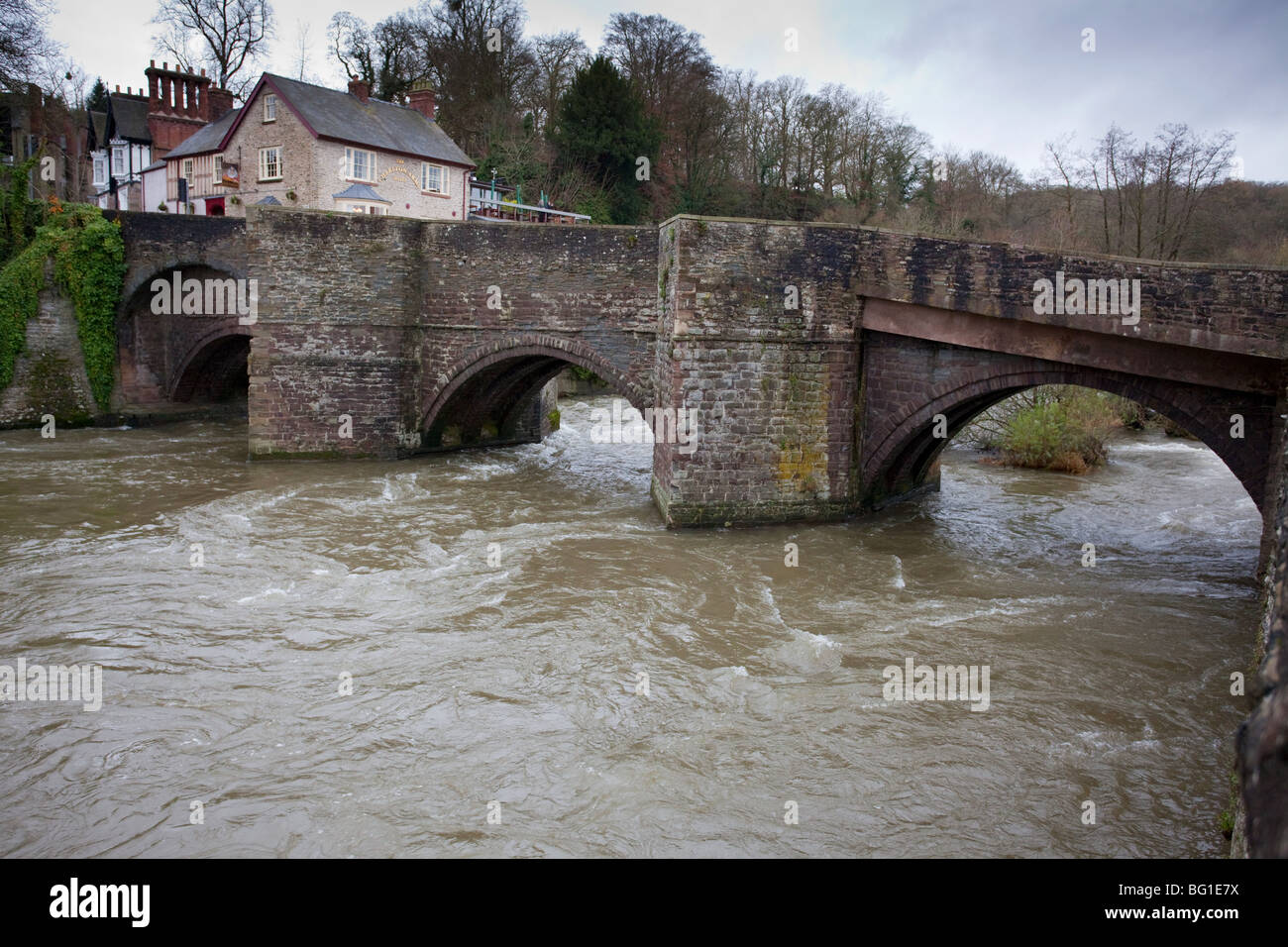 The River Teme at Ludlow in flood. Incorporating The Charlton Arms ...