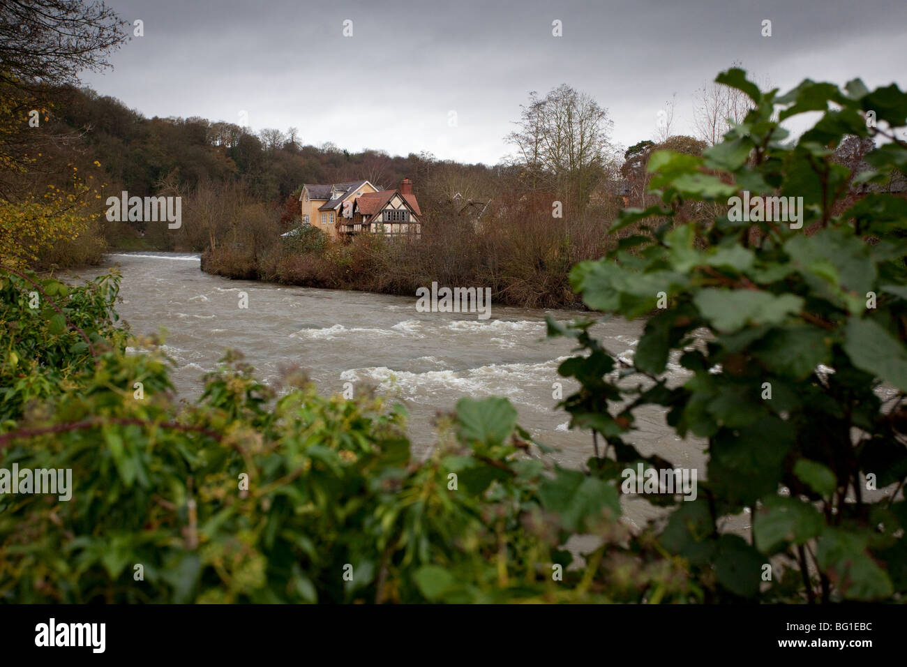 The River Teme at Ludlow in flood. Incorporating The Charlton Arms ...